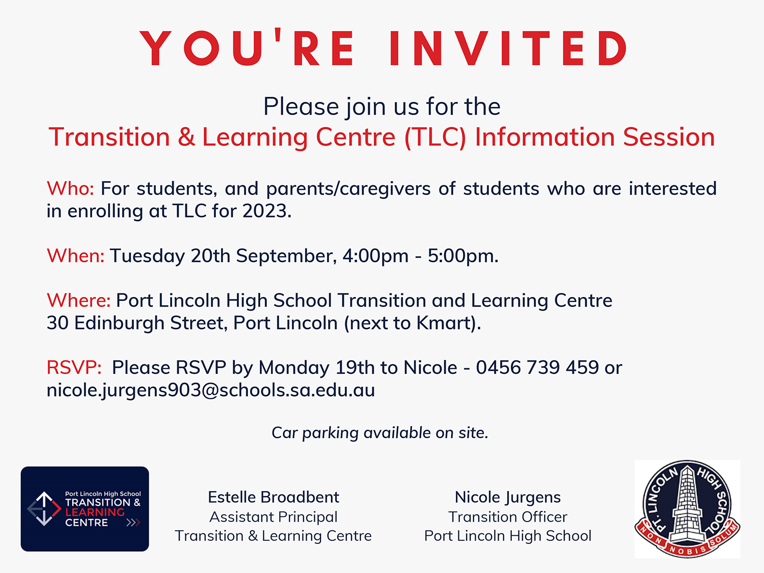 CHANGE OF DATE: TLC Parent Information Session - Port Lincoln High School
