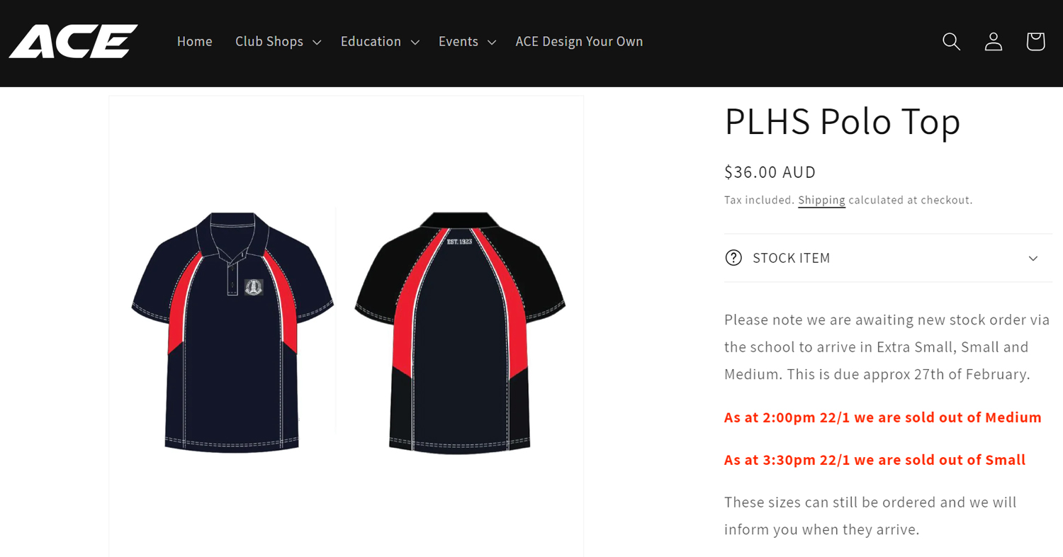 Small & Medium PLHS Polos Out of Stock - Port Lincoln High School