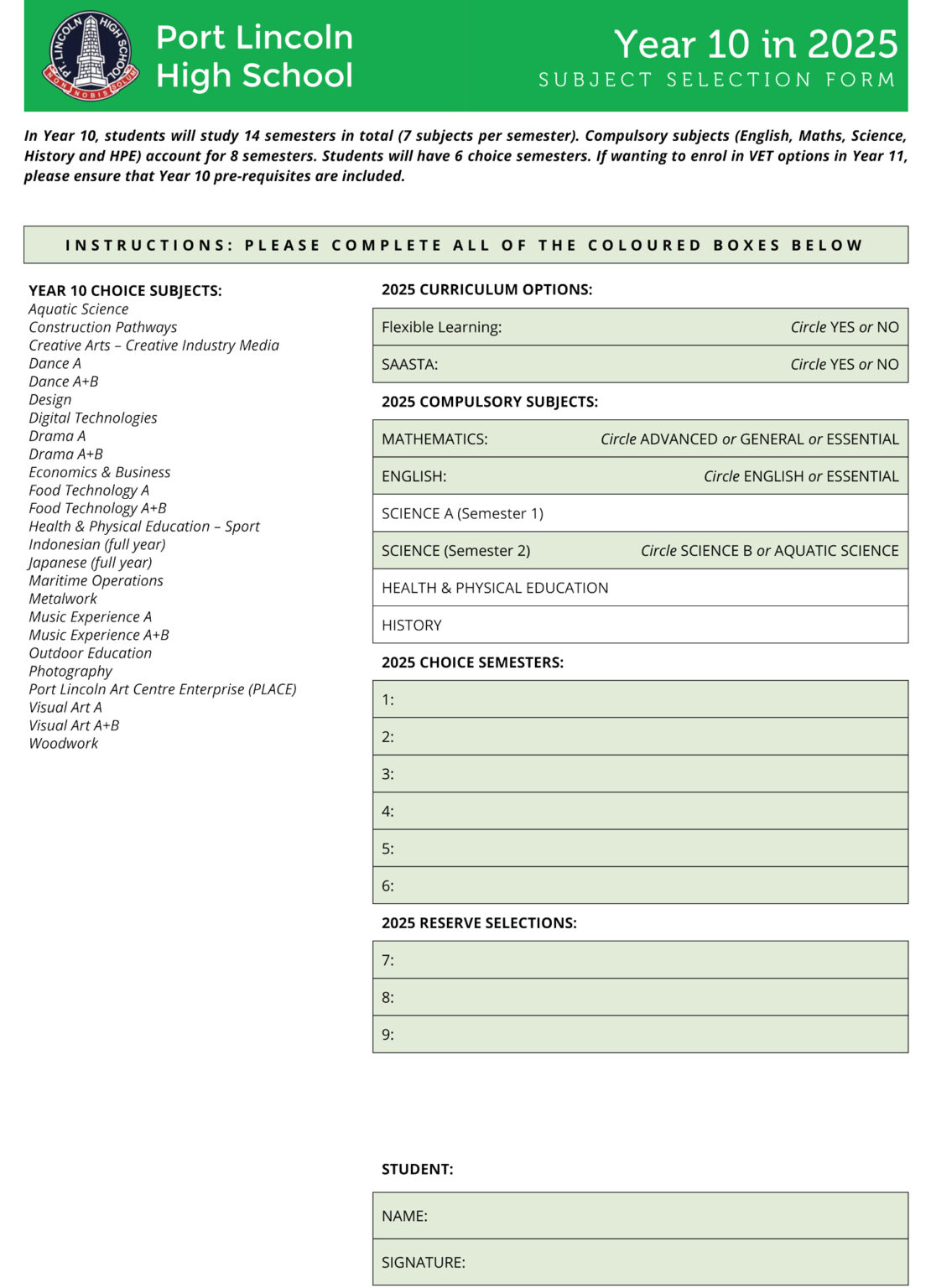 2025 Subject Selection - Info for Senior Students - Port Lincoln High School