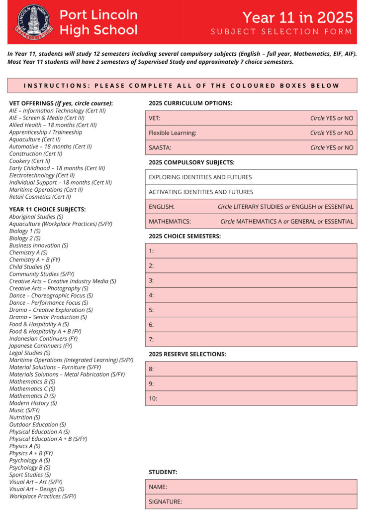 2025 Subject Selection - Info for Senior Students - Port Lincoln High ...