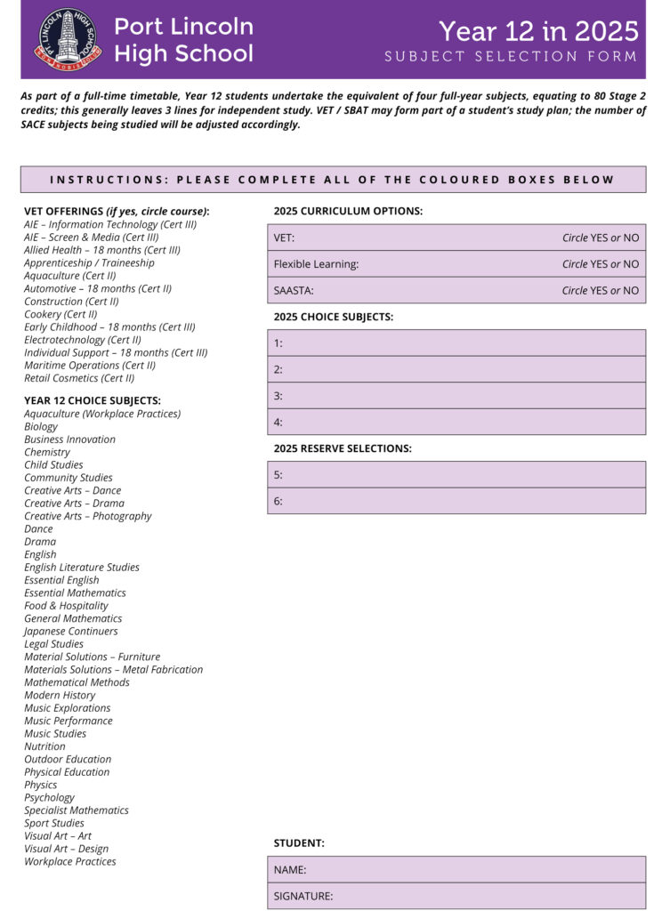 2025 Subject Selection - Info for Senior Students - Port Lincoln High School