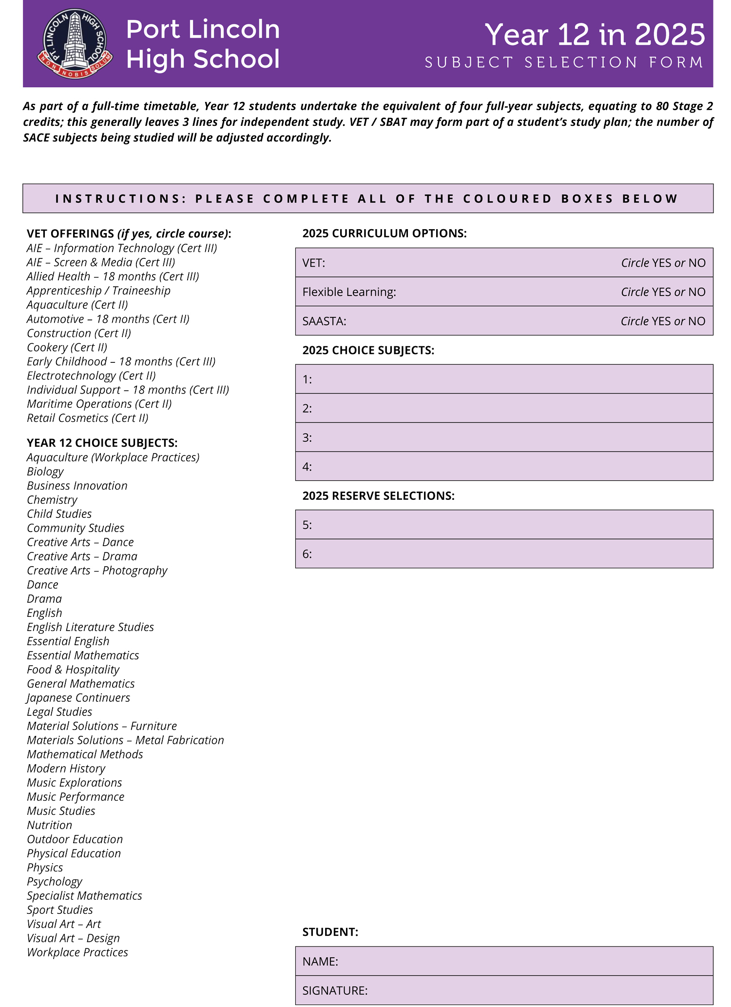 2025 Subject Selection - Info for Senior Students - Port Lincoln High ...